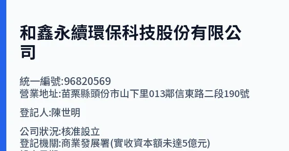 和鑫永續環保科技股份有限公司的照片-統編 96820569(苗栗縣) 公司登記資料與營業項目詳細圖表