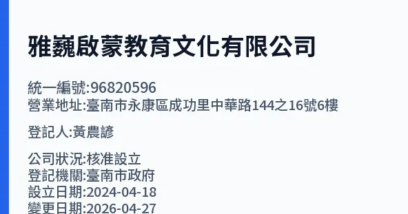 雅巍啟蒙教育文化有限公司的照片-統編 96820596(臺南市) 公司登記資料與營業項目詳細圖表