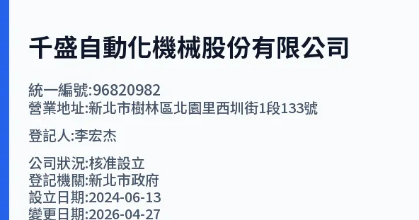 千盛自動化機械股份有限公司的照片-統編 96820982(新北市) 公司登記資料與營業項目詳細圖表