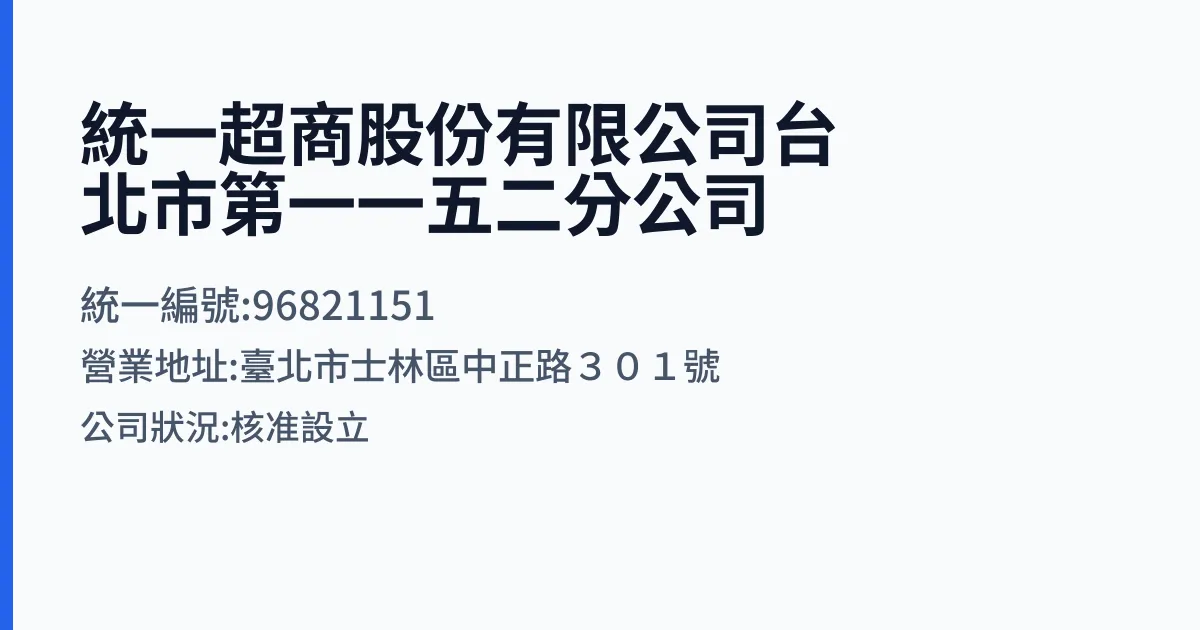 統一超商股份有限公司台北市第一一五二分公司 - 統編 96821151(臺北市) 公司登記資料與營業項目詳細圖表
