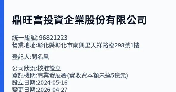 鼎旺富投資企業股份有限公司的照片-統編 96821223(彰化縣) 公司登記資料與營業項目詳細圖表