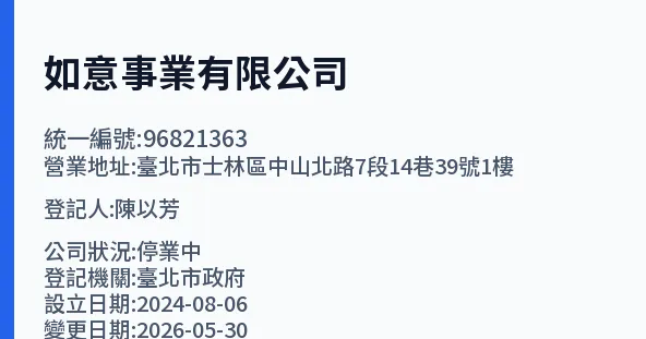 如意事業有限公司的照片-統編 96821363(臺北市) 公司登記資料與營業項目詳細圖表