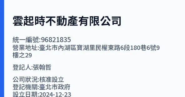雲起時不動產有限公司的照片-統編 96821835(臺北市) 公司登記資料與營業項目詳細圖表