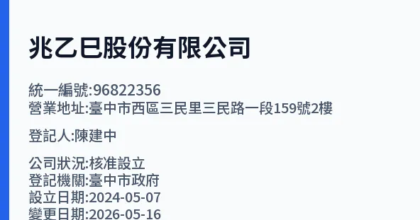 兆乙巳股份有限公司的照片-統編 96822356(臺中市) 公司登記資料與營業項目詳細圖表