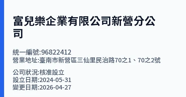 富兒樂企業有限公司新營分公司的照片-統編 96822412(臺南市) 公司登記資料與營業項目詳細圖表