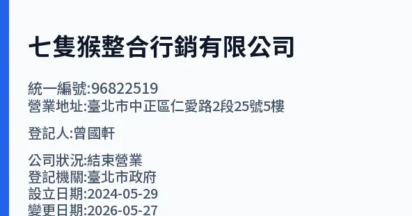 七隻猴整合行銷有限公司的照片-統編 96822519(臺北市) 公司登記資料與營業項目詳細圖表