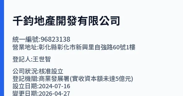 千鈞地產開發有限公司的照片-統編 96823138(彰化縣) 公司登記資料與營業項目詳細圖表