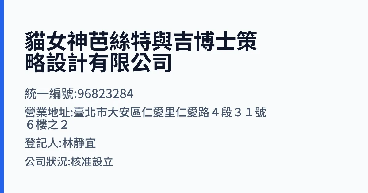 貓女神芭絲特與吉博士策略設計有限公司 - 統編 96823284(臺北市) 公司登記資料與營業項目詳細圖表