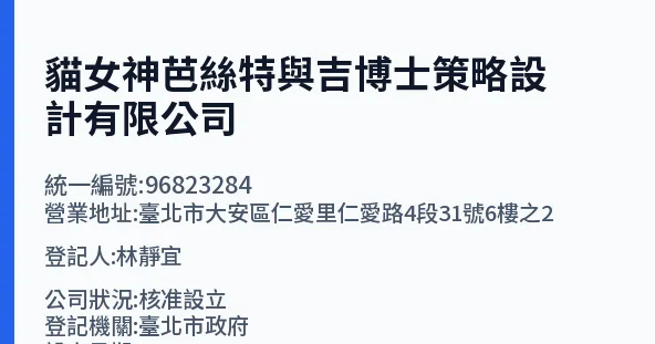 貓女神芭絲特與吉博士策略設計有限公司的照片-統編 96823284(臺北市) 公司登記資料與營業項目詳細圖表