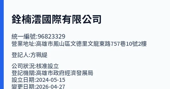 銓楠澐國際有限公司的照片-統編 96823329(高雄市) 公司登記資料與營業項目詳細圖表