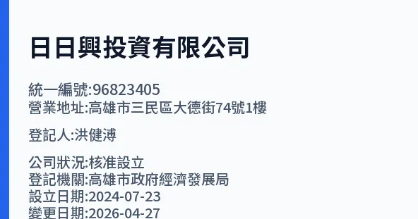 日日興投資有限公司的照片-統編 96823405(高雄市) 公司登記資料與營業項目詳細圖表