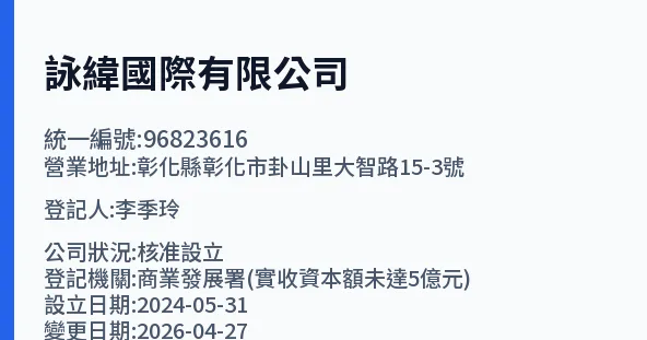 詠緯國際有限公司的照片-統編 96823616(彰化縣) 公司登記資料與營業項目詳細圖表