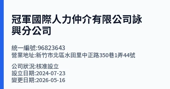 冠軍國際人力仲介有限公司詠興分公司的照片-統編 96823643(新竹市) 公司登記資料與營業項目詳細圖表