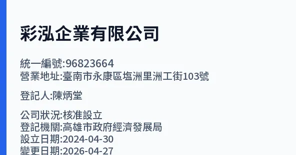 彩泓企業有限公司的照片-統編 96823664(臺南市) 公司登記資料與營業項目詳細圖表