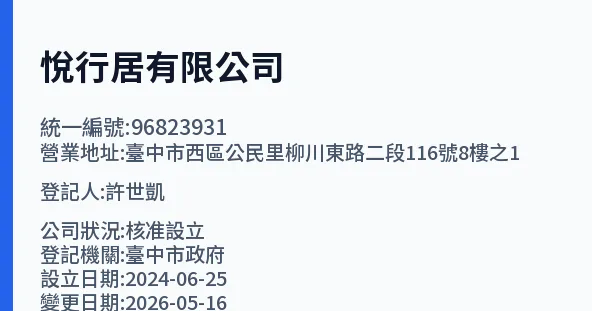 悅行居有限公司的照片-統編 96823931(臺中市) 公司登記資料與營業項目詳細圖表