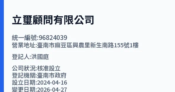 立璽顧問有限公司的照片-統編 96824039(臺南市) 公司登記資料與營業項目詳細圖表