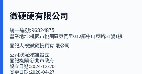 微硬硬有限公司的照片-統編 96824875(桃園市) 公司登記資料與營業項目詳細圖表