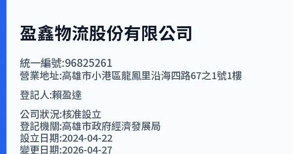 盈鑫物流股份有限公司的照片-統編 96825261(高雄市) 公司登記資料與營業項目詳細圖表