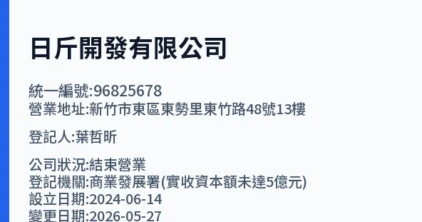 日斤開發有限公司的照片-統編 96825678(新竹市) 公司登記資料與營業項目詳細圖表