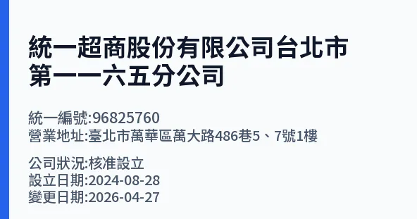 統一超商股份有限公司台北市第一一六五分公司的照片-統編 96825760(臺北市) 公司登記資料與營業項目詳細圖表