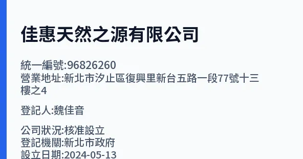佳惠天然之源有限公司的照片-統編 96826260(新北市) 公司登記資料與營業項目詳細圖表
