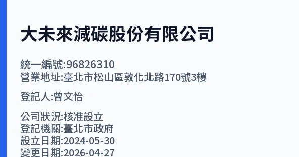 大未來減碳股份有限公司的照片-統編 96826310(臺北市) 公司登記資料與營業項目詳細圖表
