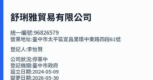 舒琍雅貿易有限公司的照片-統編 96826579(臺中市) 公司登記資料與營業項目詳細圖表