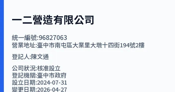 一二營造有限公司的照片-統編 96827063(臺中市) 公司登記資料與營業項目詳細圖表