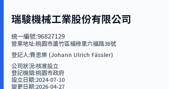 瑞駿機械工業股份有限公司的照片-統編 96827129(桃園市) 公司登記資料與營業項目詳細圖表