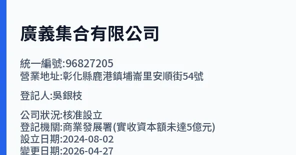 廣義集合有限公司的照片-統編 96827205(彰化縣) 公司登記資料與營業項目詳細圖表