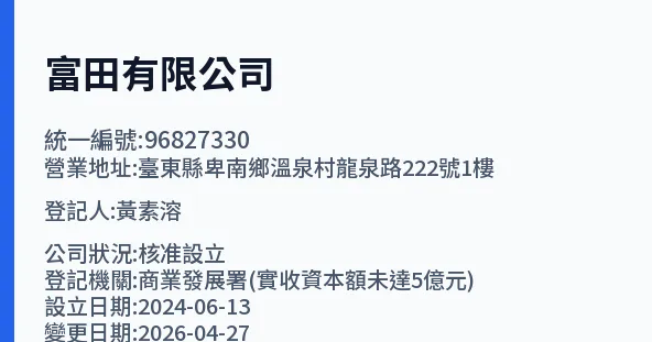 富田有限公司的照片-統編 96827330(臺東縣) 公司登記資料與營業項目詳細圖表