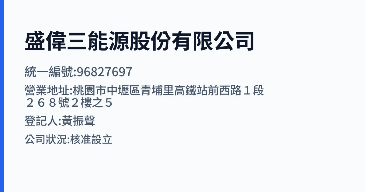 盛偉三能源股份有限公司 - 統編 96827697(桃園市) 公司登記資料與營業項目詳細圖表