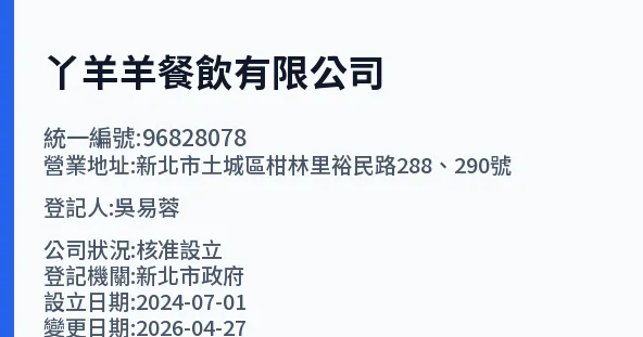 丫羊羊餐飲有限公司的照片-統編 96828078(新北市) 公司登記資料與營業項目詳細圖表