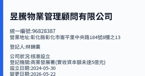 昱騰物業管理顧問有限公司的照片-統編 96828387(彰化縣) 公司登記資料與營業項目詳細圖表