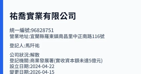 祐喬實業有限公司的照片-統編 96828751(宜蘭縣) 公司登記資料與營業項目詳細圖表
