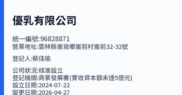 優乳有限公司的照片-統編 96828871(雲林縣) 公司登記資料與營業項目詳細圖表