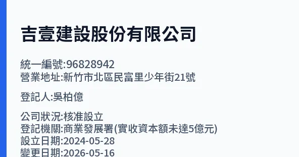 吉壹建設股份有限公司的照片-統編 96828942(新竹市) 公司登記資料與營業項目詳細圖表