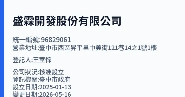 盛霖開發股份有限公司的照片-統編 96829061(臺中市) 公司登記資料與營業項目詳細圖表