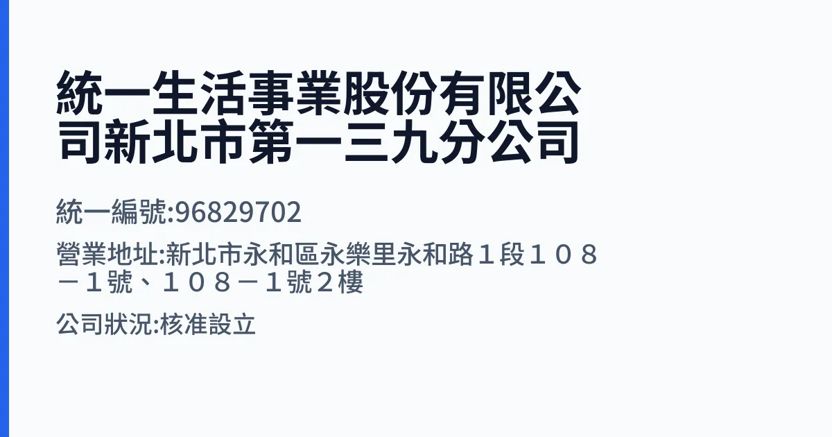 統一生活事業股份有限公司新北市第一三九分公司 - 統編 96829702(新北市) 公司登記資料與營業項目詳細圖表
