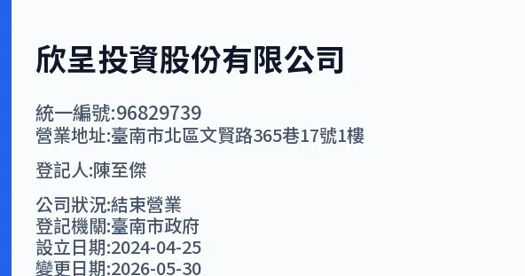欣呈投資股份有限公司的照片-統編 96829739(臺南市) 公司登記資料與營業項目詳細圖表