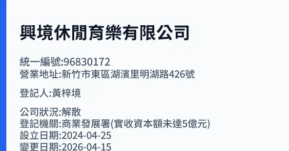 興境休閒育樂有限公司的照片-統編 96830172(新竹市) 公司登記資料與營業項目詳細圖表