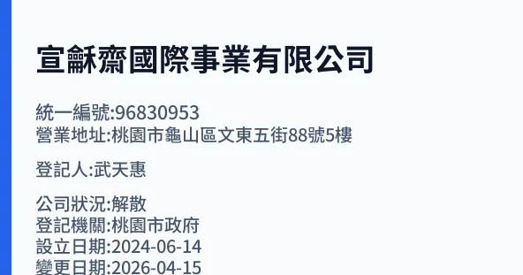 宣龢齋國際事業有限公司的照片-統編 96830953(桃園市) 公司登記資料與營業項目詳細圖表