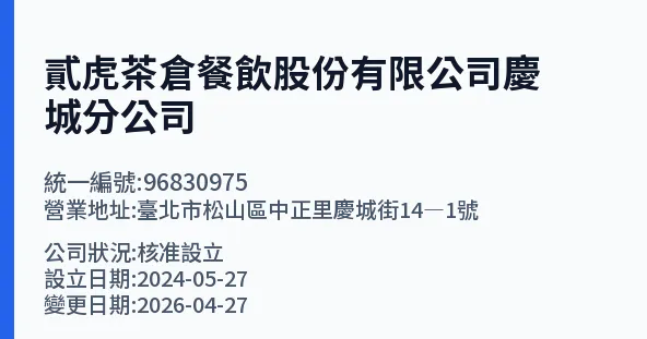 貳虎茶倉餐飲股份有限公司慶城分公司的照片-統編 96830975(臺北市) 公司登記資料與營業項目詳細圖表