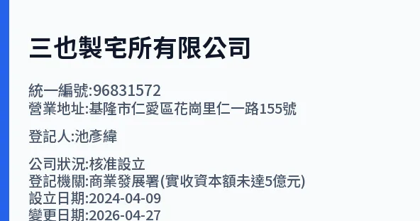 三也製宅所有限公司的照片-統編 96831572(基隆市) 公司登記資料與營業項目詳細圖表