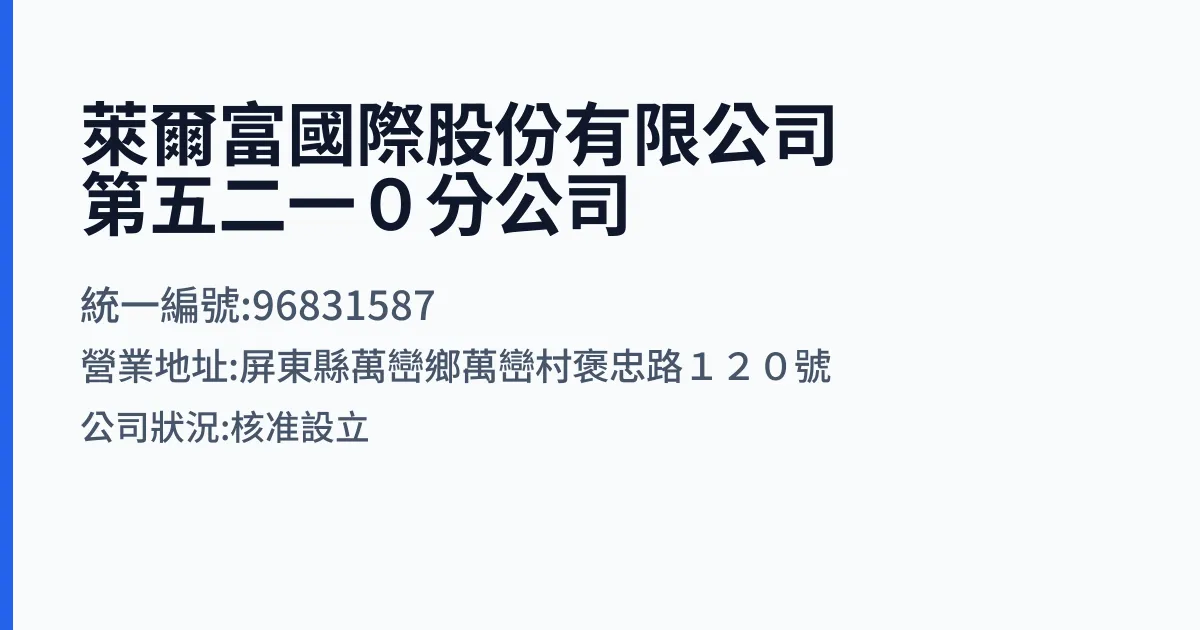 萊爾富國際股份有限公司第五二一0分公司 - 統編 96831587(屏東縣) 公司登記資料與營業項目詳細圖表