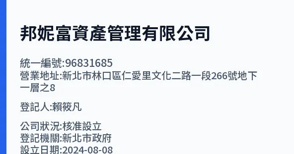 邦妮富資產管理有限公司的照片-統編 96831685(新北市) 公司登記資料與營業項目詳細圖表