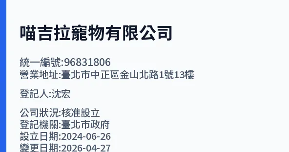 喵吉拉寵物有限公司的照片-統編 96831806(臺北市) 公司登記資料與營業項目詳細圖表