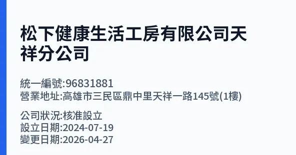 松下健康生活工房有限公司天祥分公司的照片-統編 96831881(高雄市) 公司登記資料與營業項目詳細圖表