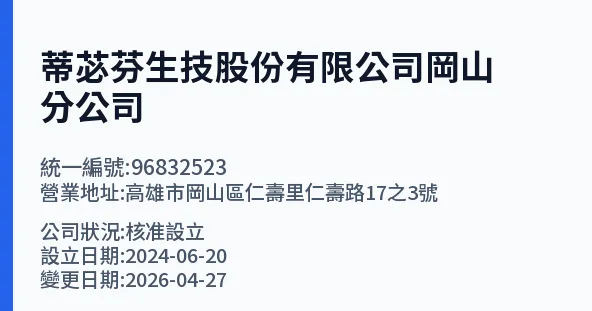 蒂苾芬生技股份有限公司岡山分公司的照片-統編 96832523(高雄市) 公司登記資料與營業項目詳細圖表