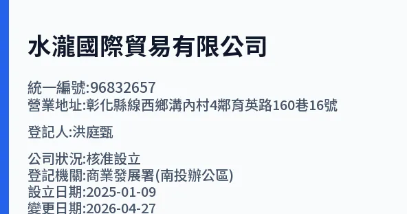 水瀧國際貿易有限公司的照片-統編 96832657(彰化縣) 公司登記資料與營業項目詳細圖表